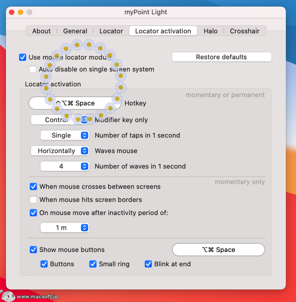 myPoint Light S 2.27 - マウスカーソルに円や十字、マーカー、定規などを表示して場所を示す、文章を読みやすくする - 新しもの好きのダウンロード
