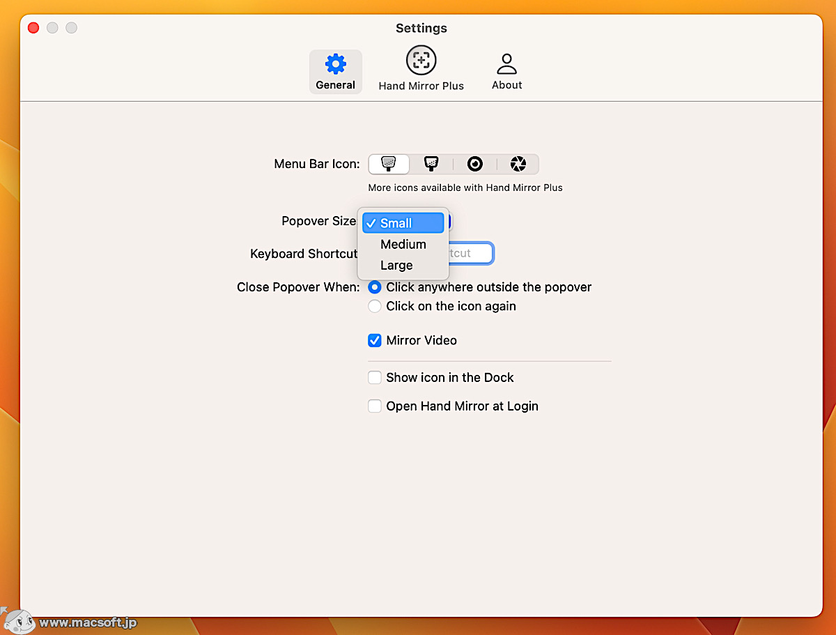 Hand Mirror 3.2 - Macの内蔵カメラを「鏡」として使うアプリ - 新しもの好きのダウンロード